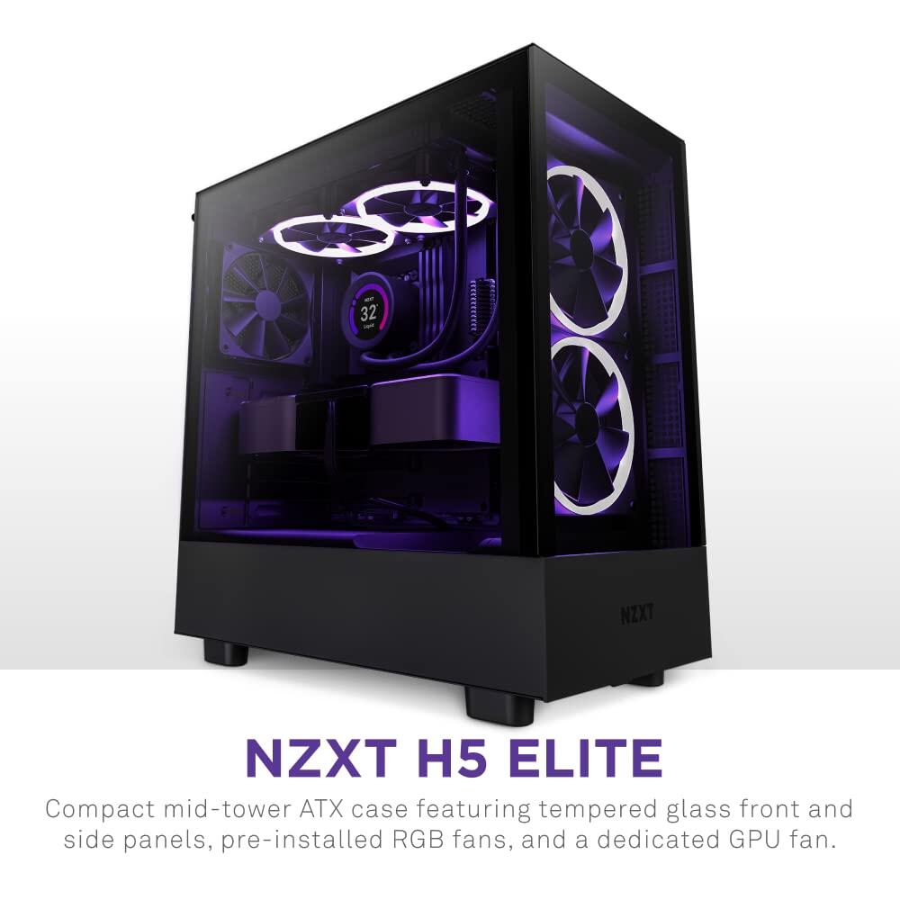 NZXT H5 Elite Compact ATX Mid-Tower Tempered Glass PC With RGB Fan Pre ...