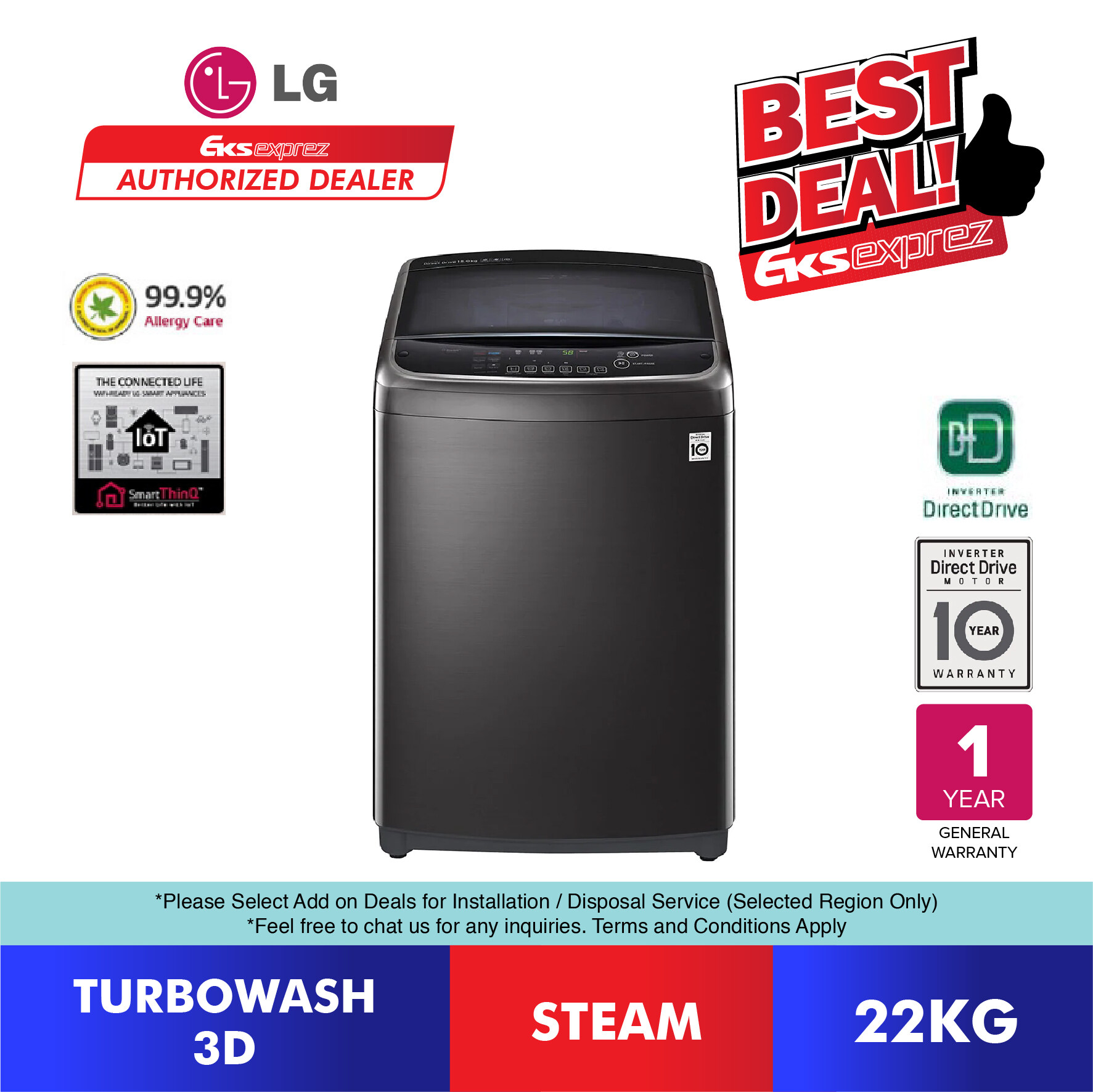 LG Top Load Inverter Washing Machine (22KG) TH2722SSAK / Washer / Mesin ...