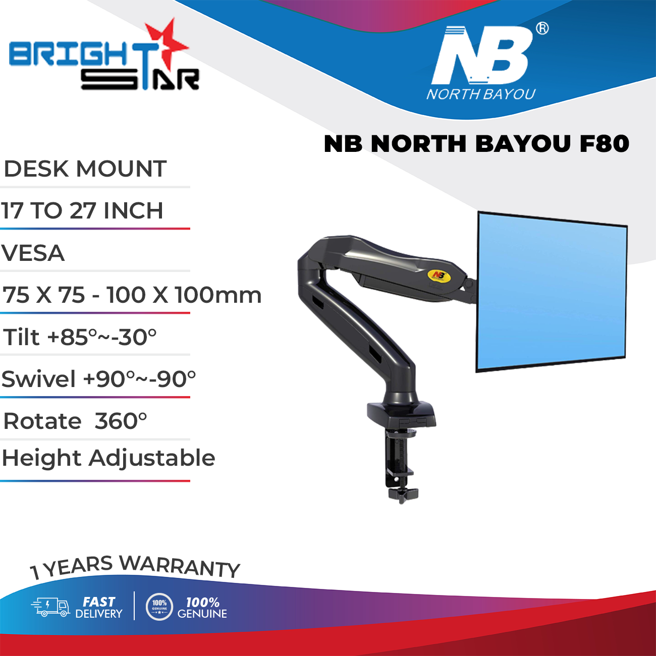 NB North Bayou F80 17 to 30 Inch Gas Strut Monitor Tv Desktop Bracket ...