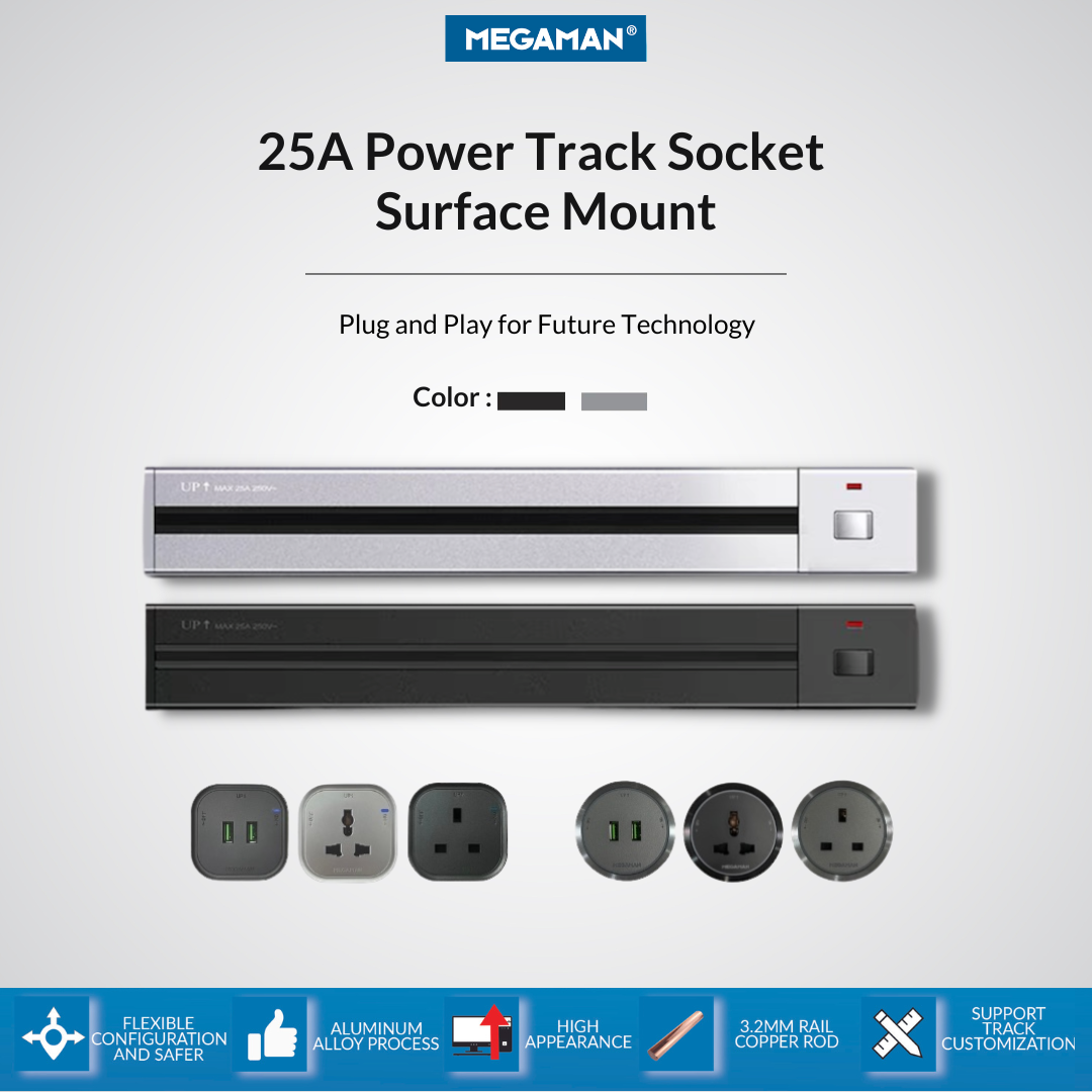 Megaman Power Track Socket 60cm 80cm 100cm With Universal 13a Power Socket Usb Adapter