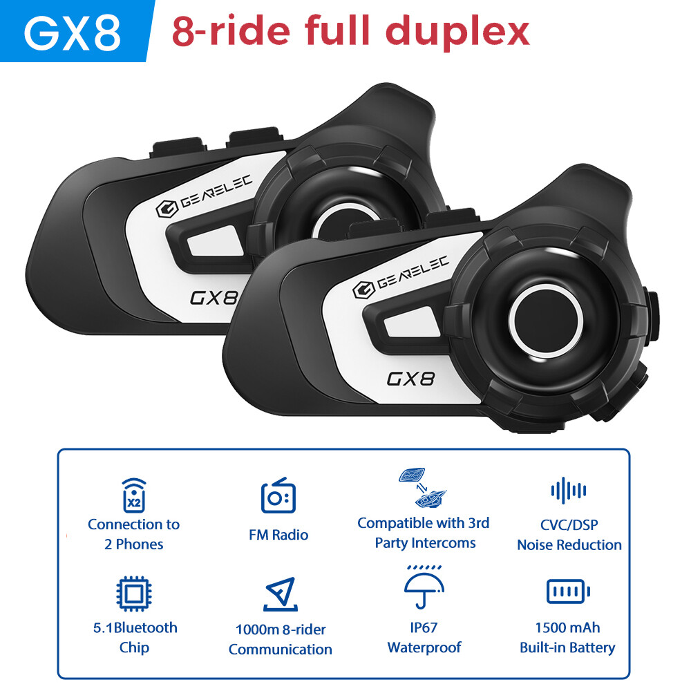 GEARELEC GX8 Intercom Motorcycle Helmet Headsets Bluetooth 5.1 Noise ...