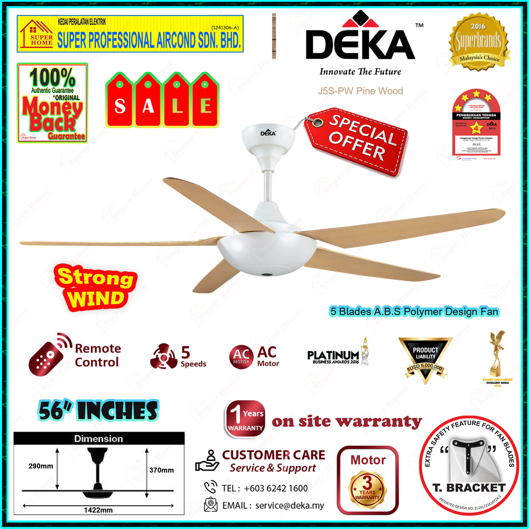 Deka Ceiling Fan with Remote Control XR10 56 inches 5 Speed / Elmark ...