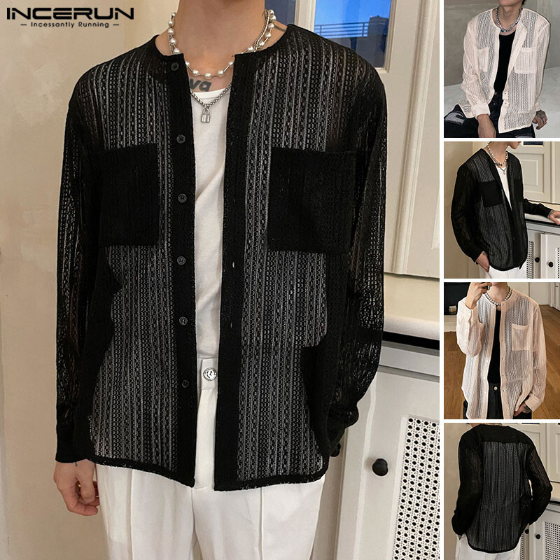 INCERUN เสื้อวินเทจลายดอกไม้ติดกระดุมสำหรับผู้ชาย (สไตล์เกาหลี ...