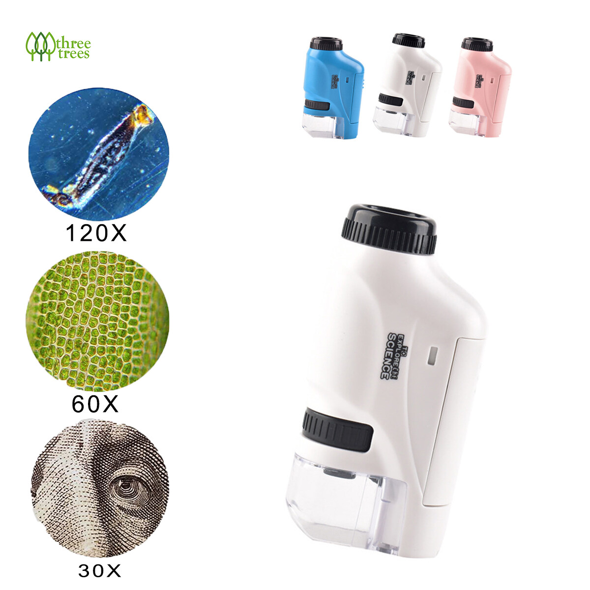 threetrees 60x-120x LED Lighted Pocket Microscope Handheld Microscope ...