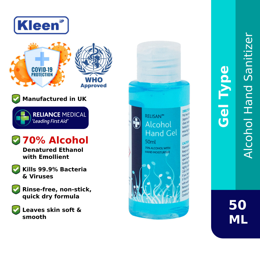 Kleen Relisan Alcohol Hand Sanitizer Gel 50ML (70% Denatured Ethanol ...