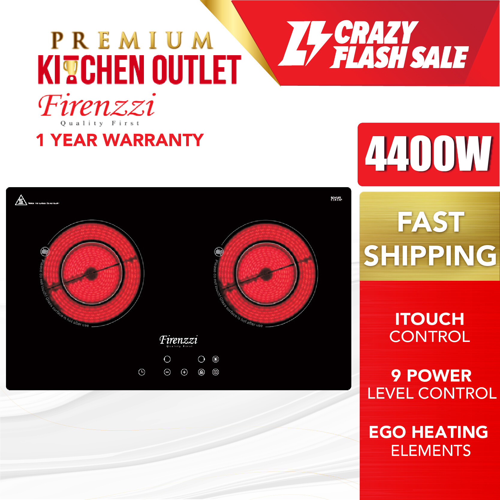 Firenzzi 2200W 2 Burners Built-In Ceramic Hob Cooker FRR-2099 Schott ...