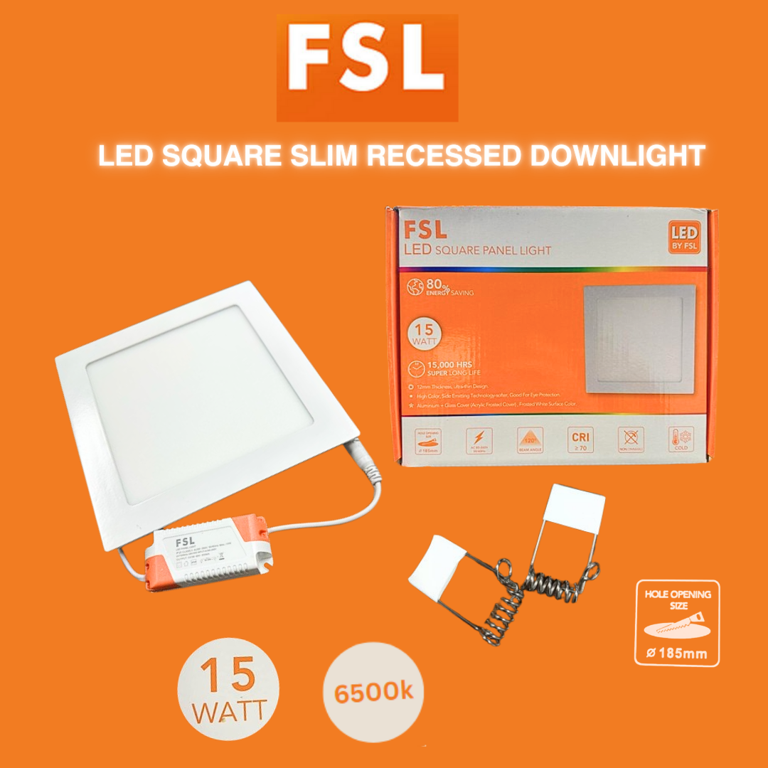 FSL FSP504 7" 15W LED SQUARE SLIM RECESSED DOWNLIGHT - 6500K | Lazada