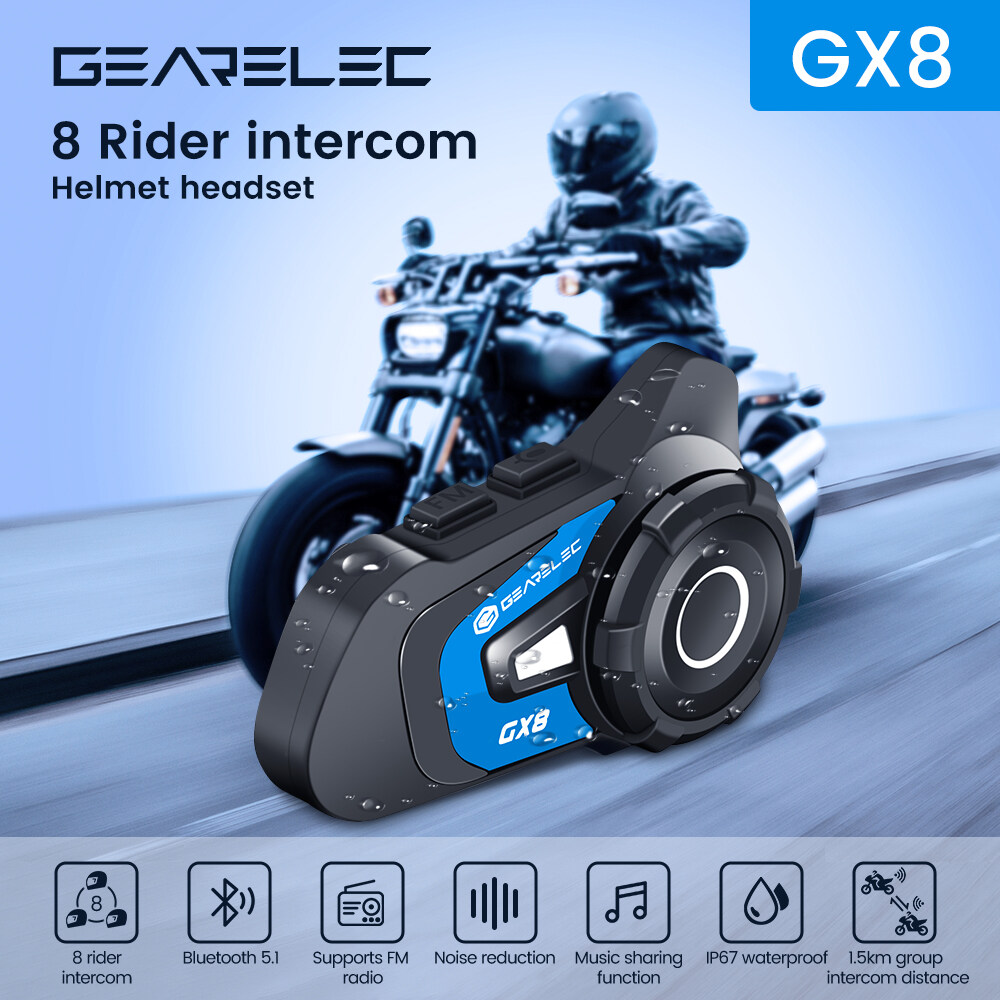GEARELEC GX8 Motorcycle Helmet Bluetooth Intercom Headset 8-Rider 1500m ...