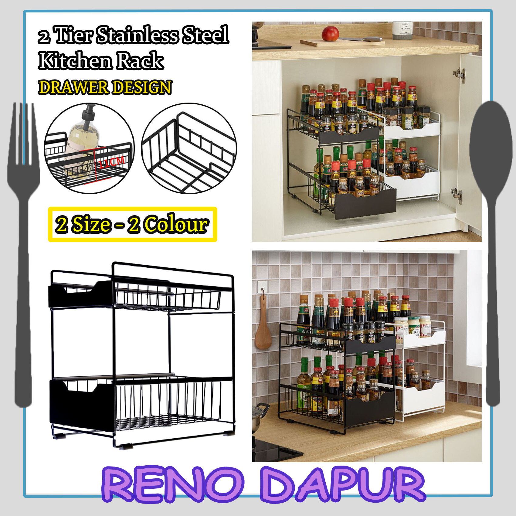 [RENODAPUR] 2 Tier Space Saving Kitchen Top Storage Rack With Pull Out ...