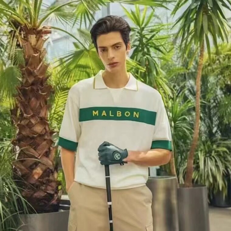 2022เกาหลีใหม่กอล์ฟเสื้อผ้าผู้ชายลายชนสีล้างและสวมใส่แขนสั้นเสื้อยืดสีดำสีฟ้าสีเขียว Malbon ...