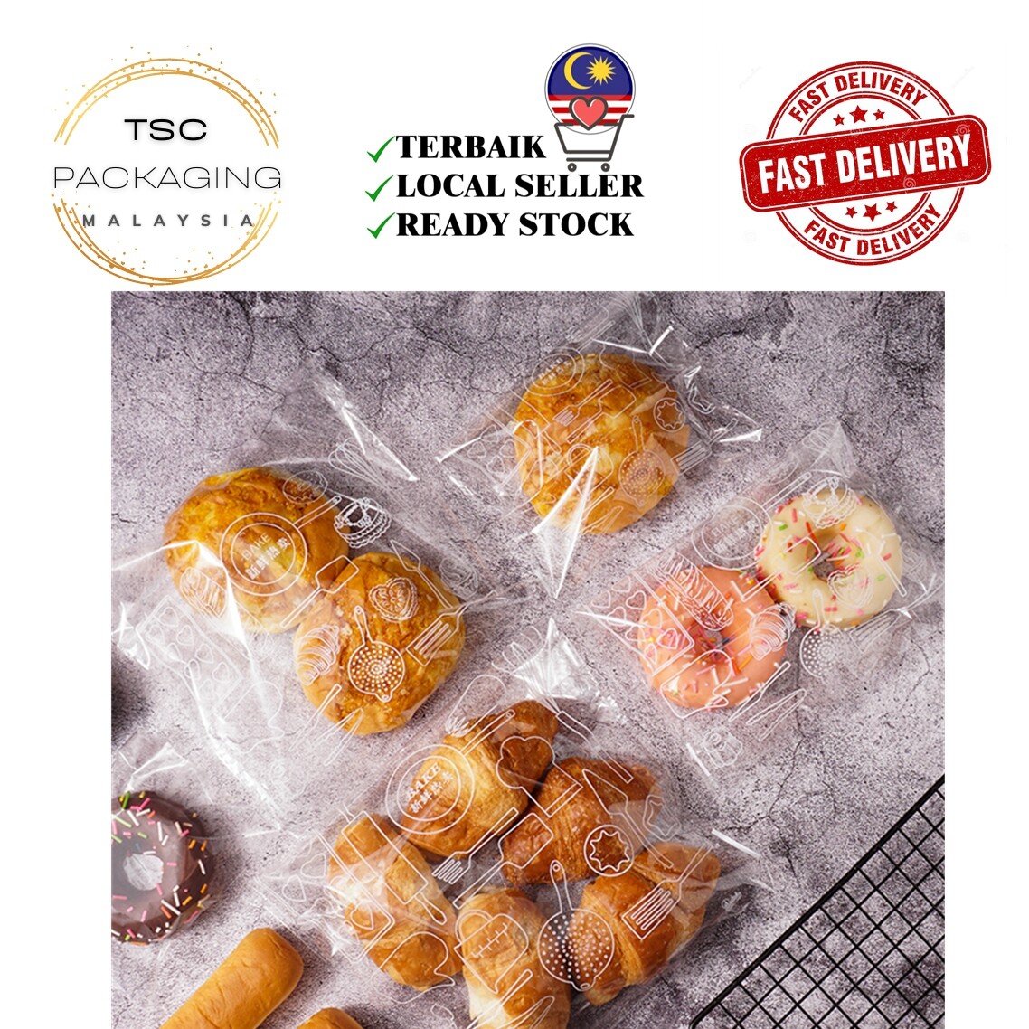 100PCS BREAD TOAST BAG OPP SELF ADHESIVE BAKERY PLASTIC BAG PLASTIK ...