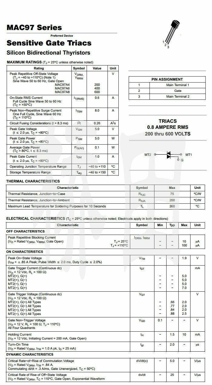 ทรานซิสเตอร์ Mac97a8 97a8 0.6a 600V Triac To-92จำนวน20ชิ้น - TPAKE - ThaiPick