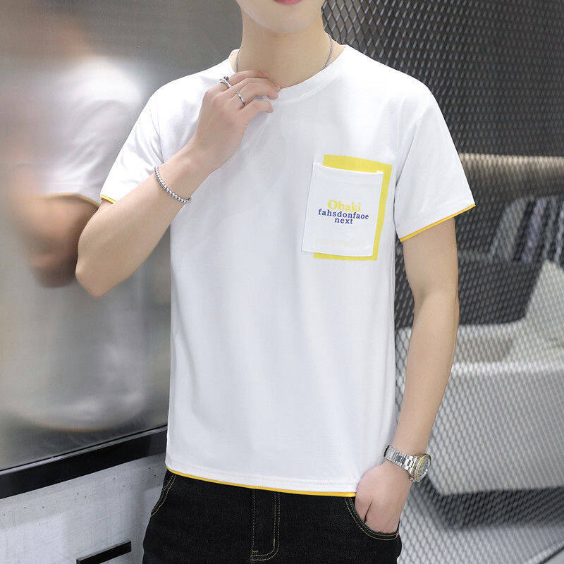 Men's Short Sleeve T-Shirt Trend Round Neck Korean Style Loose Men's Casual Bottoming Shirt Top ...