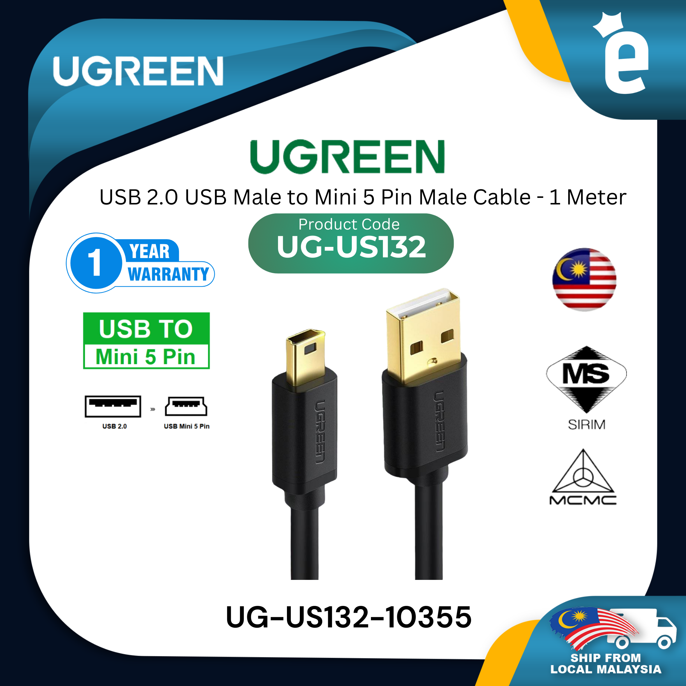 UGREEN USB 2.0 USB-A MALE TO MINI USB CABLE MINI 5 PIN MALE CABLE ...