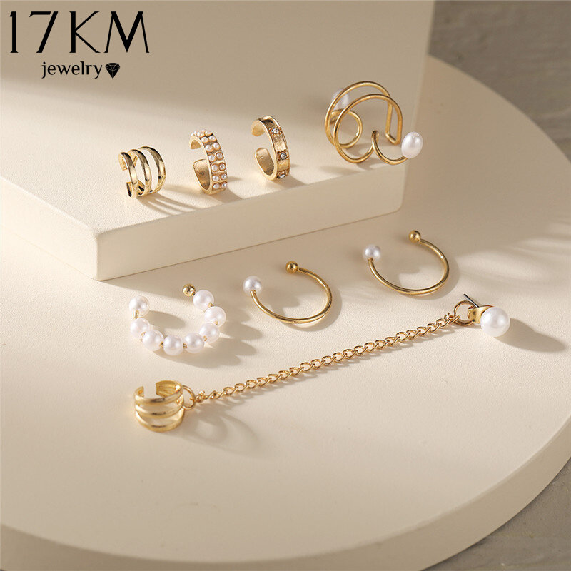 17KM ต่างหูมุกแฟชั่นสีทองแบบหนีบหูสำหรับผู้หญิงผู้ชายต่างหูแบบกระดูก ...