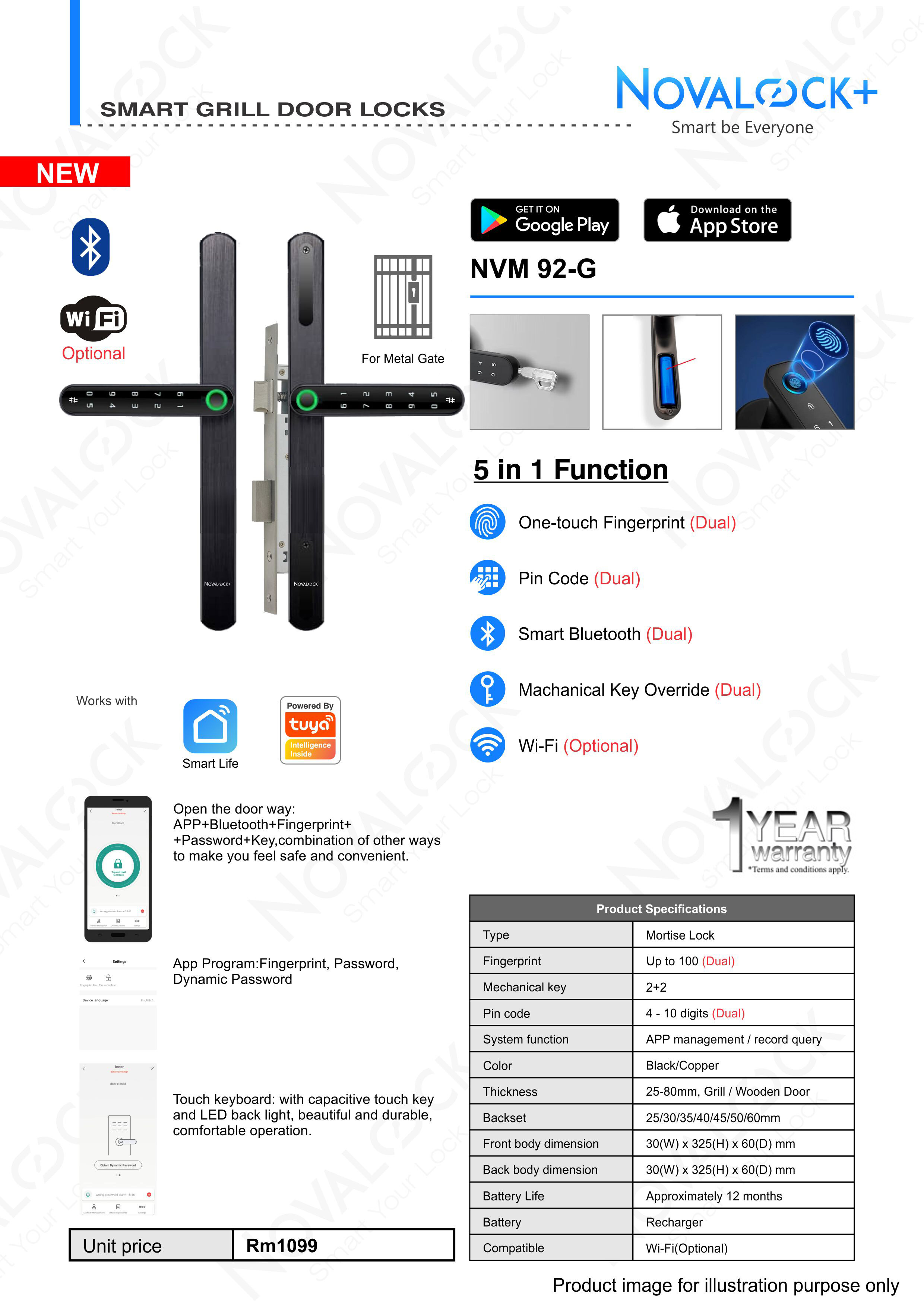 Novalock+ NVM 92-G TUYA Smart Life App Digital Door Lock Dual ...