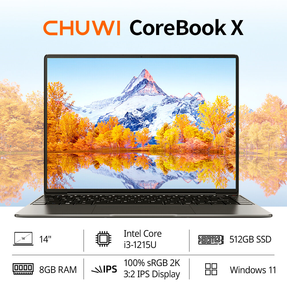 CHUWI CoreBook X แล็ปท็อปสำหรับเล่นเกม14.1นิ้วหน้าจอ FIPS 16GB LPDDR5 512GB SSD Intel คอร์ I3 ...