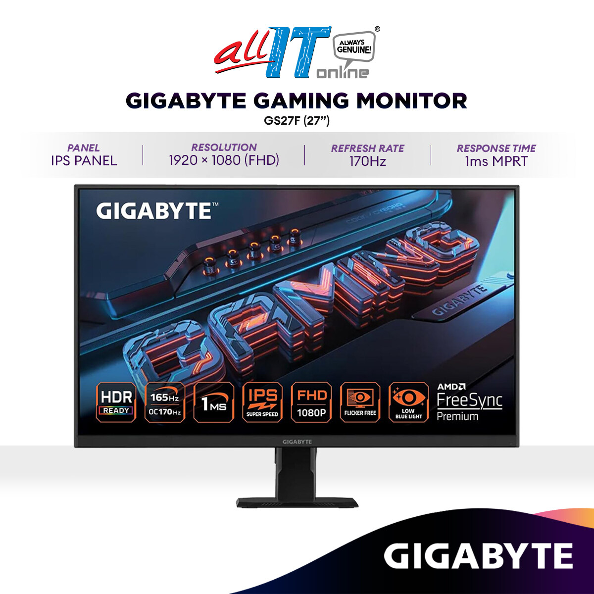GIGABYTE GS27F 27" FHD IPS Gaming Monitor | 170Hz (OC) | AMD FreeSync ...