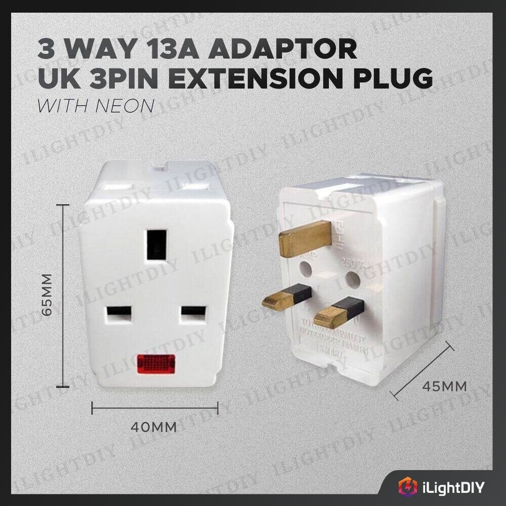 13A 3 WAY ADAPTOR UK 3PIN EXTENSION PLUG & SOCKET WITH NEON/WITHOUT ...