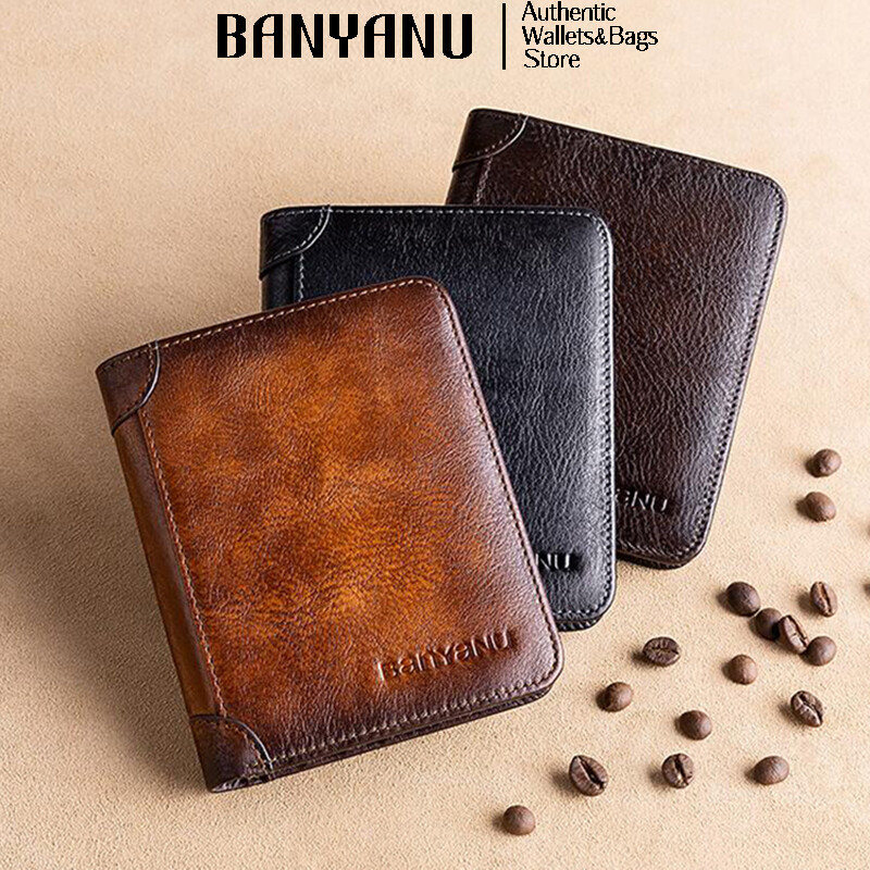 BANYANU 100% Cow Genuine Leather Wallet Original Men Short Trifold ...