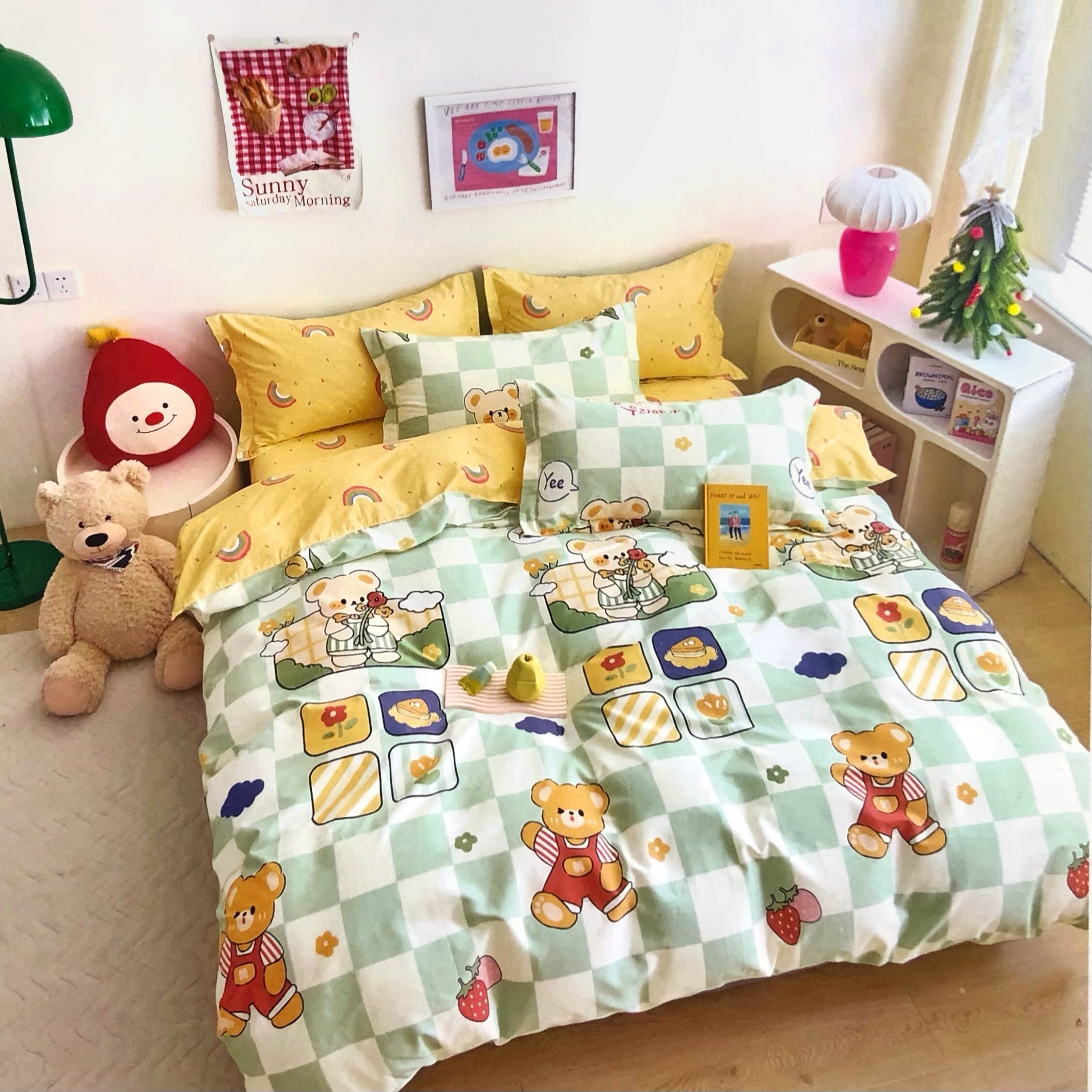 Teddy Bear & Green Checker Cartoon Design 100% Twill Cotton Bedsheet ...