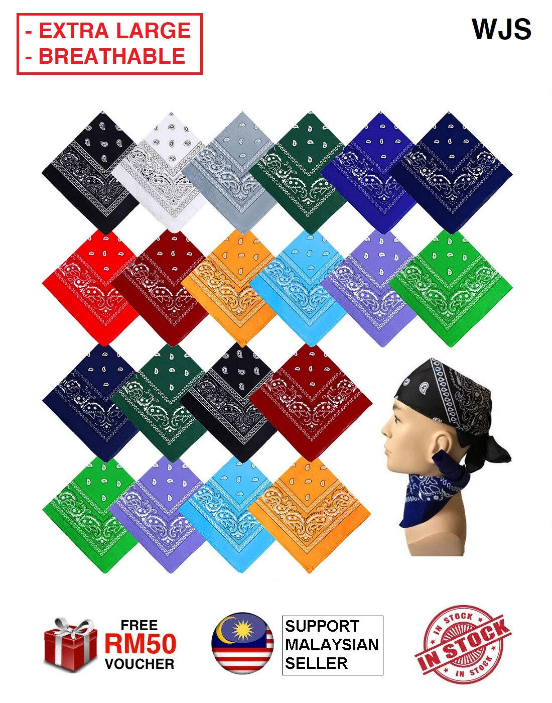 (EXTRA LARGE) WJS Key Headband Bandana Cotton Paisley Head Band Scarf ...