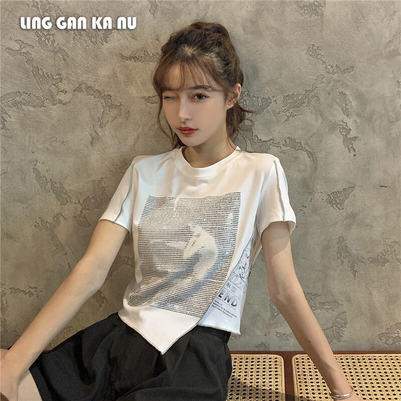 LING GAN KA NU เสื้อครอปไอจี 2022 ฤดูร้อนใหม่เวอร์ชั่นเกาหลีเอวสูงพิมพ์ ...