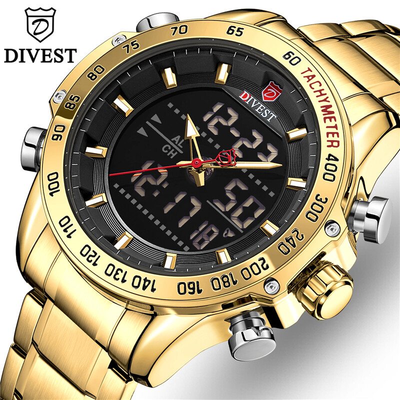 DIVEST Top Brand Fashion Men Watch LED Digital Quartz Dual Display Watch Multifunction Business ...