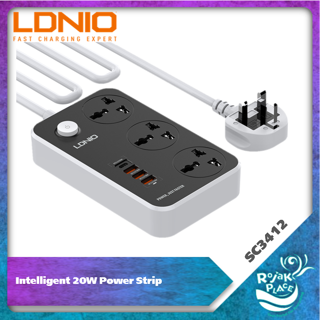 LDNIO SC3412 Power Strip 2-Meter Wall Extension Plug Cord with 3 Universal Socket Outlets and 3 ...