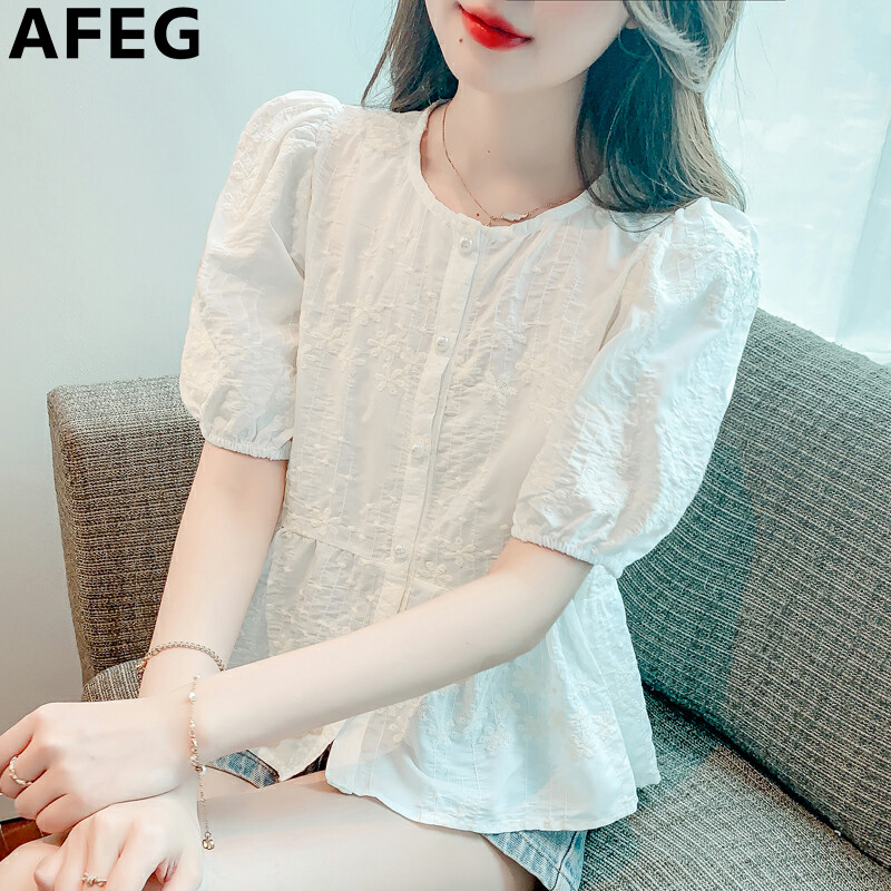Afeg màu trơn phiên bản Hàn Quốc cổ tròn Áo cánh tay phồng voan thêu cổ ...