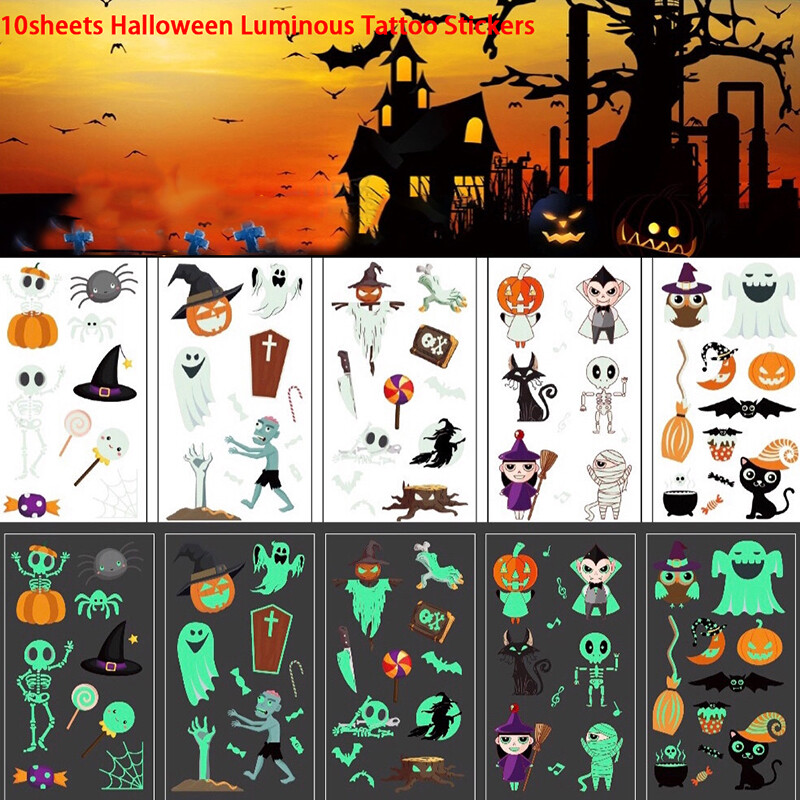 newdv2 10sheets Halloween Luminous Tattoo Fake Tattoo Witch Glowing ...