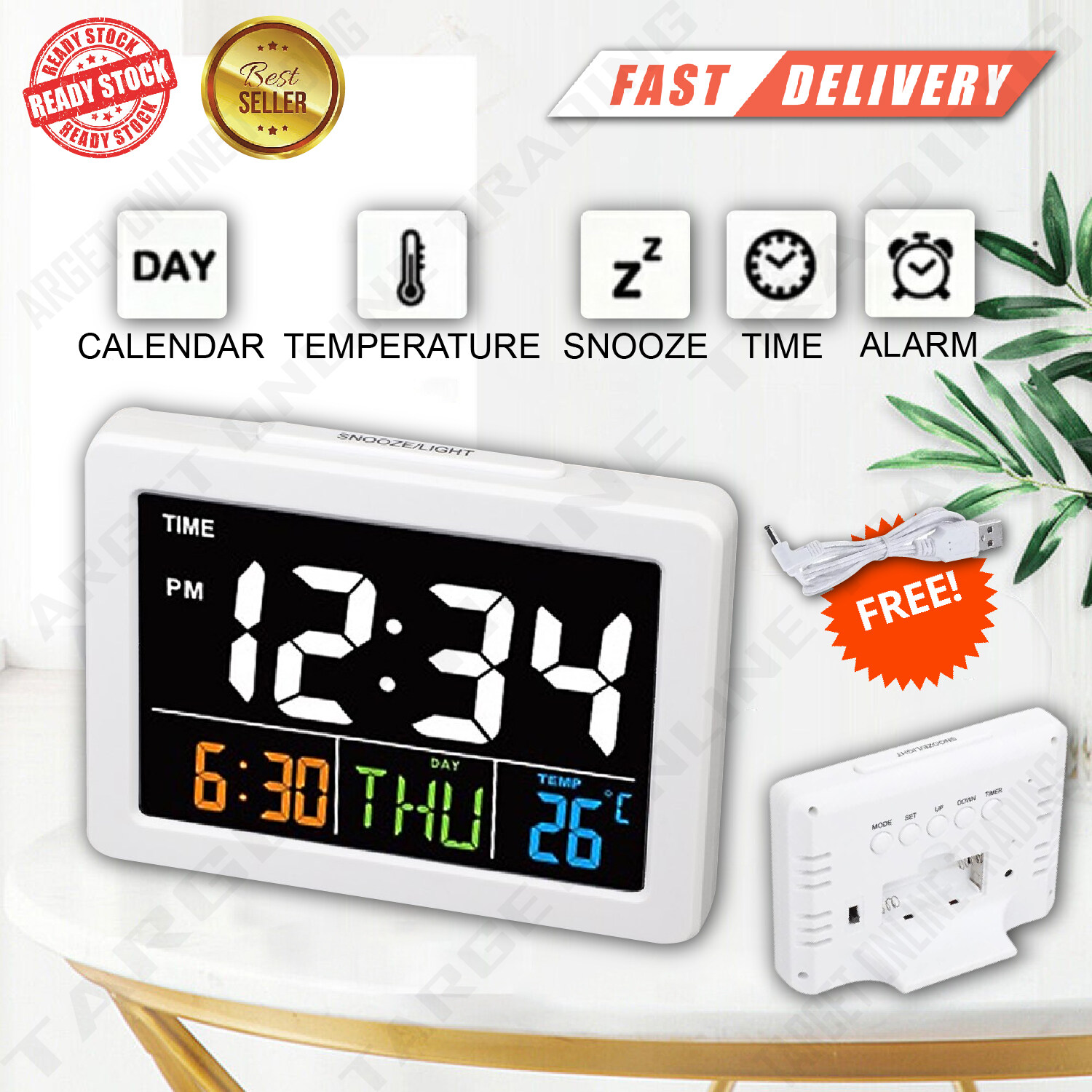 Digital Alarm Clock Colourful LED Large Screen Clock Time Date ...