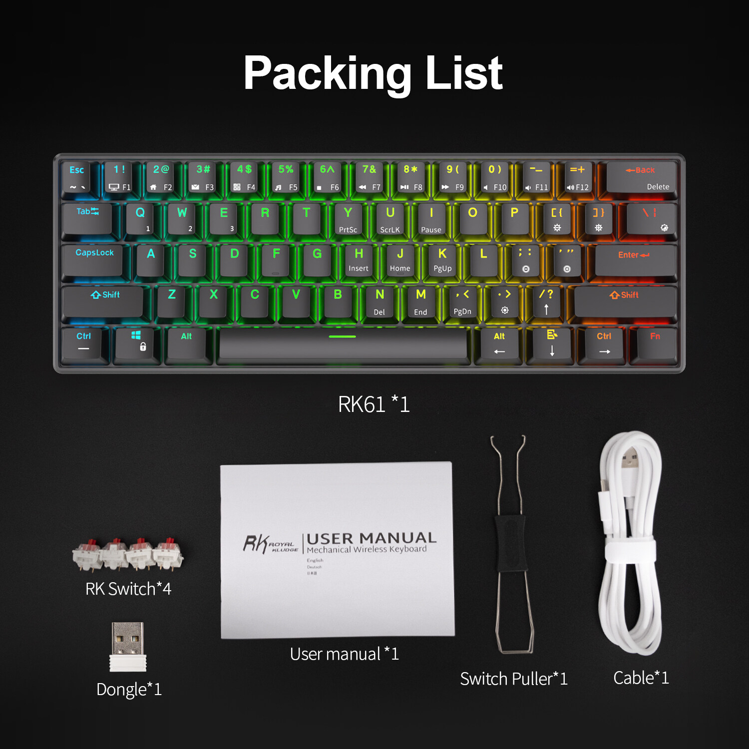 RK Royal Kludge RK61 Bluetooth-compatible Mini Wired Dual Mode 60% RGB Light Mechanical Gaming ...