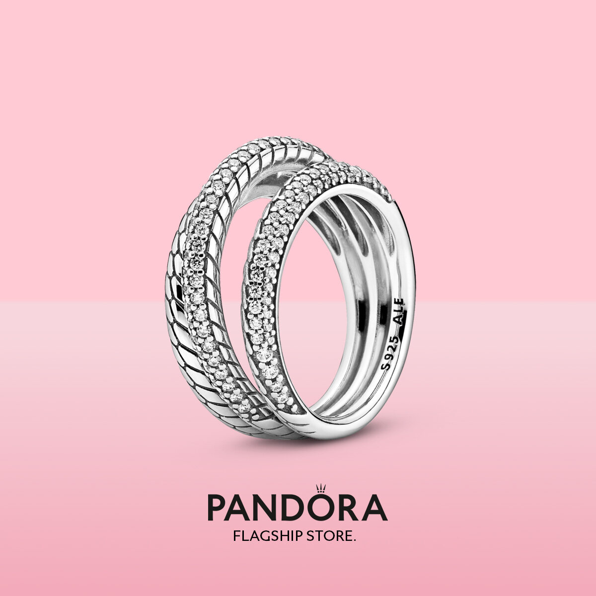 2021 Original Pandoras Triple Band Pavé Snake Chain Pattern Ring ...