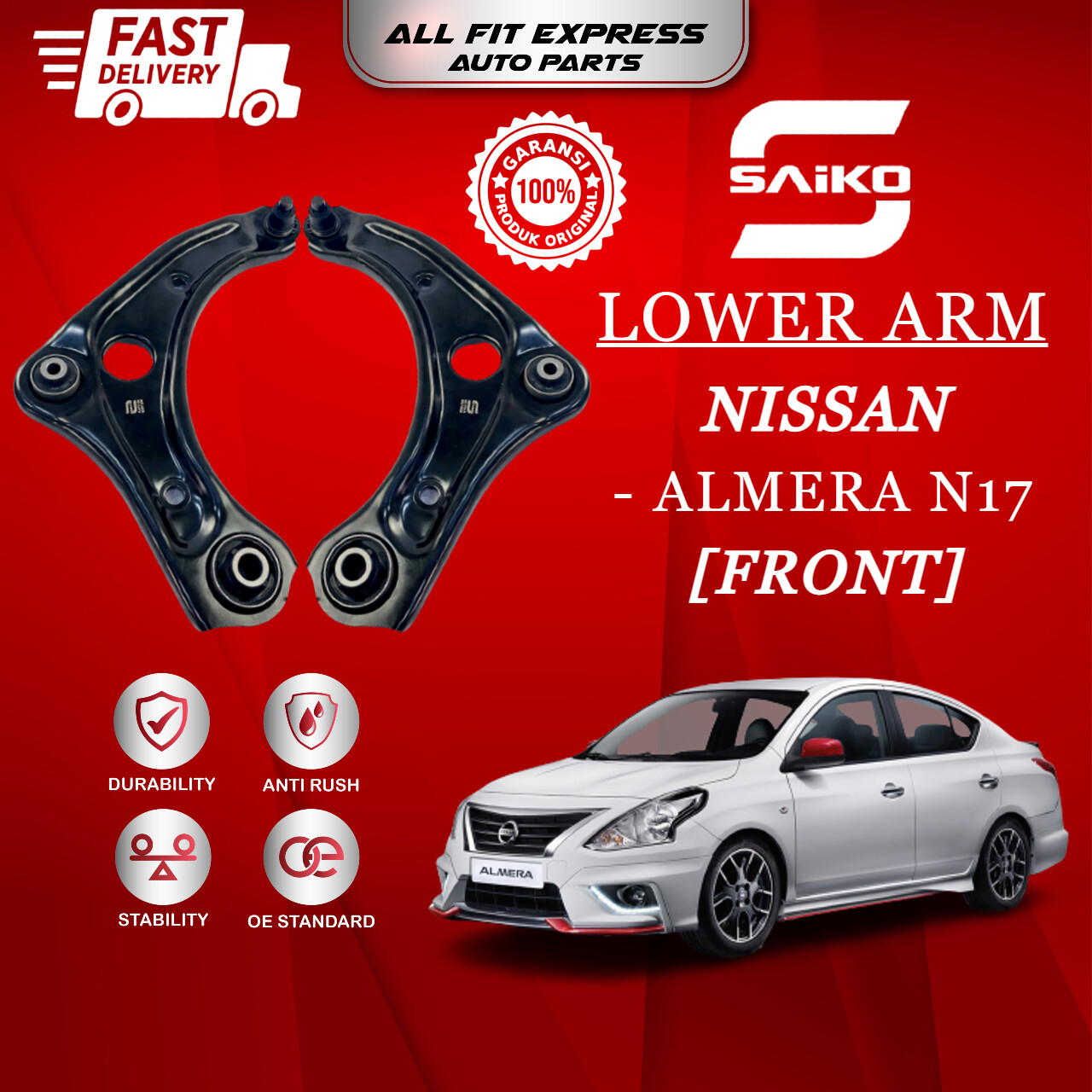 NISSAN ALMERA N17 FRONT (DEPAN) LOWER CONTROL ARM SAIKO 100% ORIGINAL ...