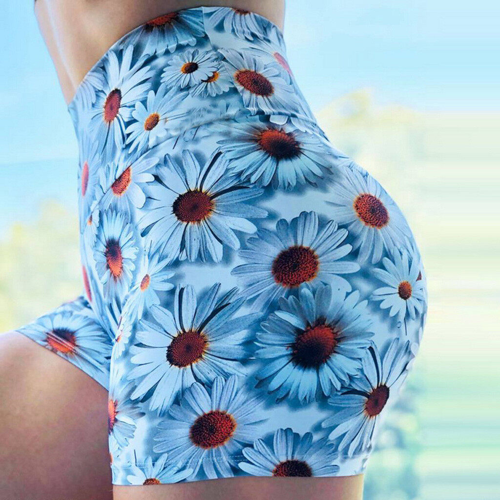 LANGZ Ladies'printedกางเกงเอวสูงยืดสะโพกวิ่งออกกำลังกายกางเกงขาสั้นโยคะ ...