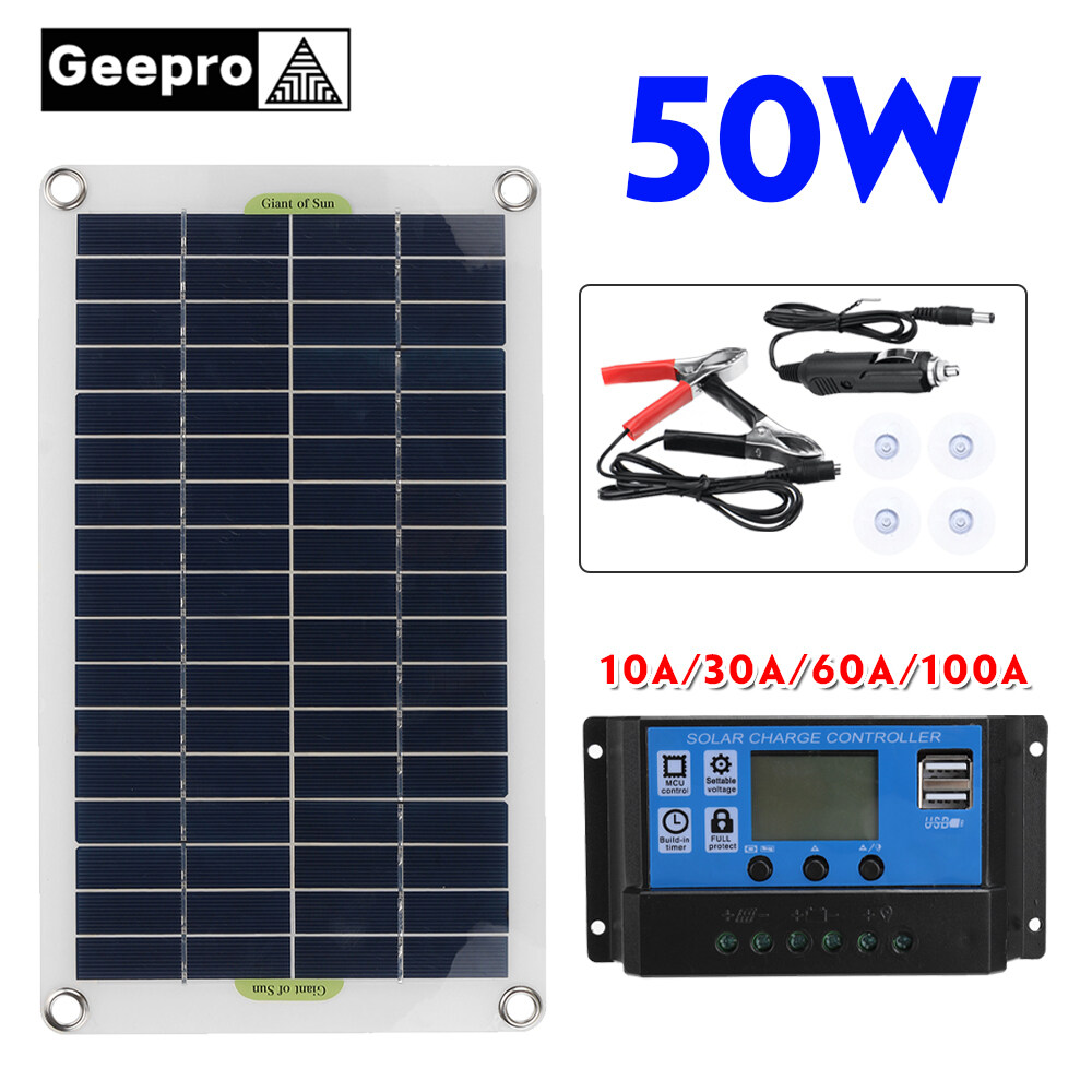 NEW Upgrade 4 In 1 50W Solar Panel Kit Jack 12V/5V USB With 10/30/60 ...