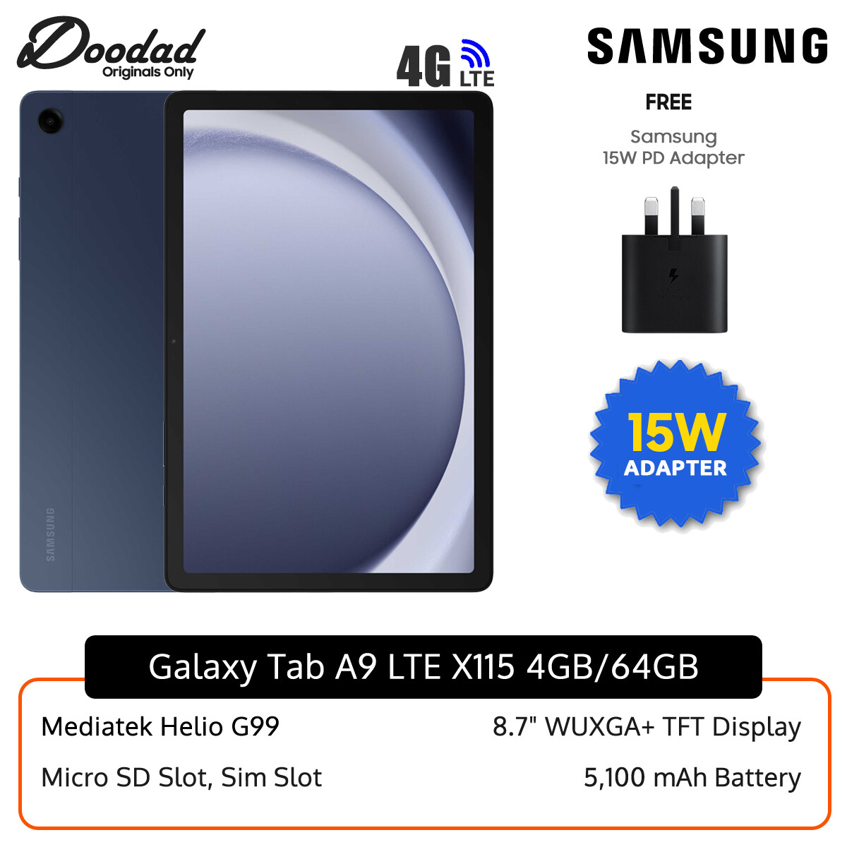 Samsung Galaxy Tab A9 LTE (X115) 4GB/64GB With 15W Adapter | Original ...