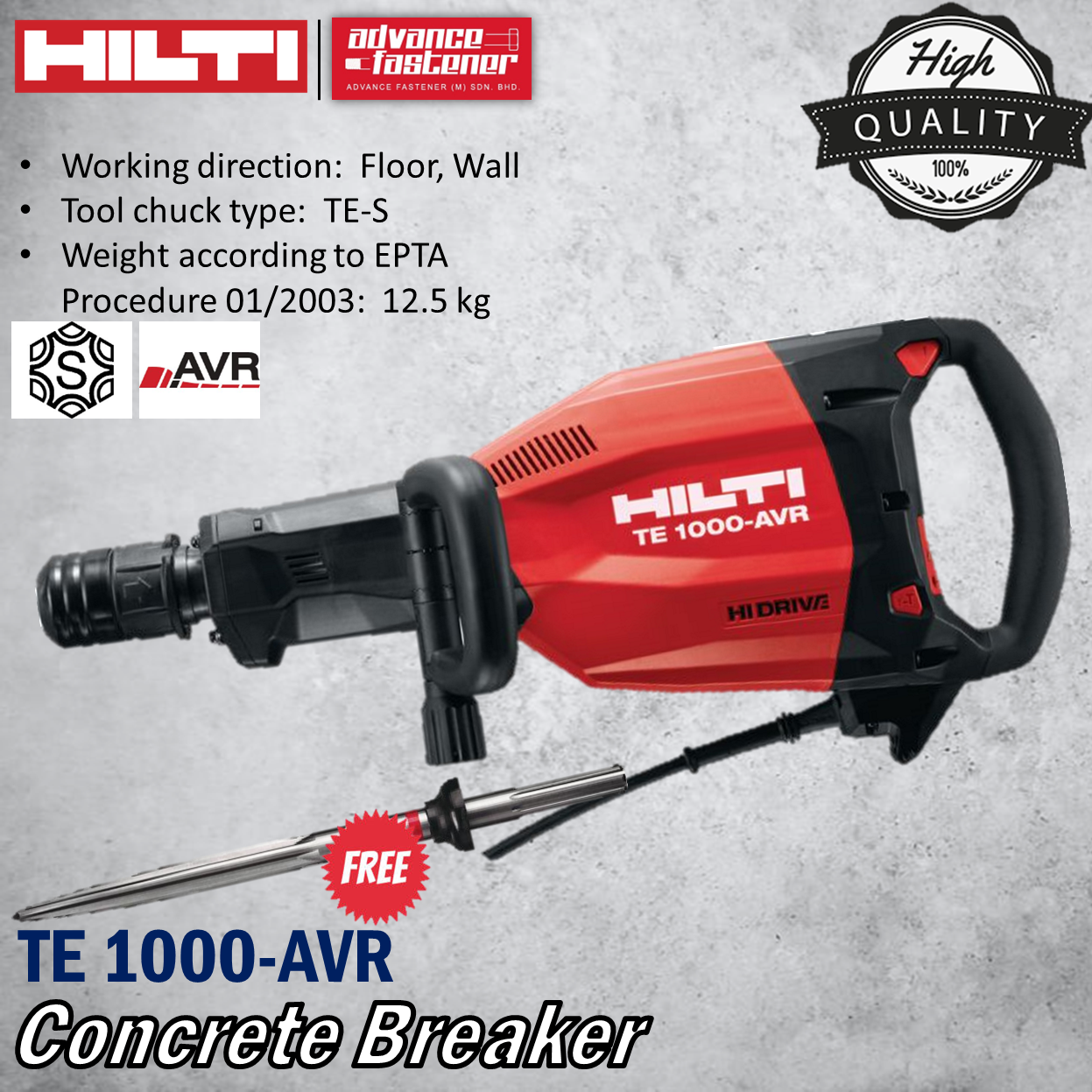 HILTI TE 1000-AVR Concrete Breaker Demolition Hammer 1750W 26J *FREE ...