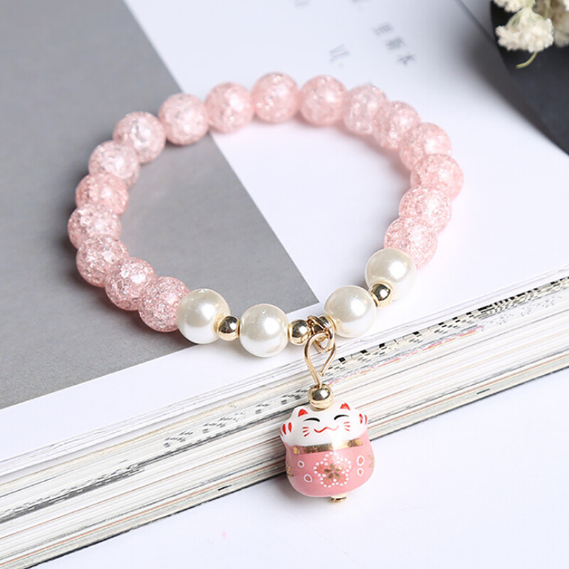 Vegoo ผู้หญิงโชคดีแมวคริสตัลเสน่ห์ข้อมือกำไลข้อมือลูกปัดสร้อยข้อมือที่ ...