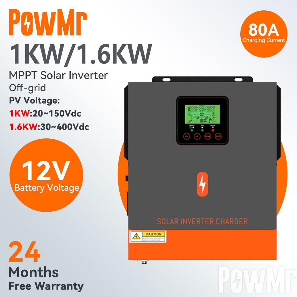 PowMr 1KW/1.6KW 12V Hybrid Solar Inverter 230Vac All in one inverter Built In 80A MPPT Solar ...