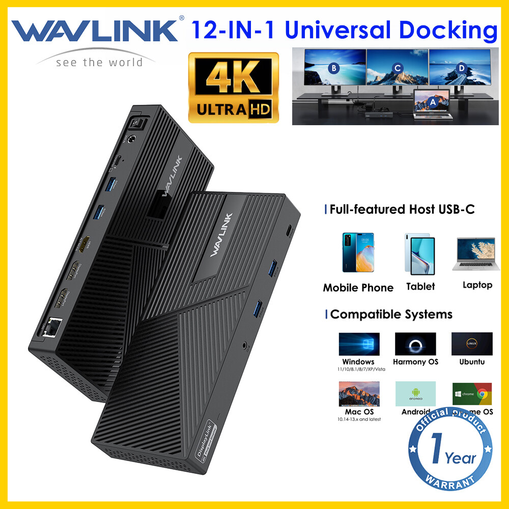 Wavlink USB-C Universal Triple 4k Display Dock Type-C To Dual Dp, Hdmi, USB-A, Type-C, Rj45, Mic ...