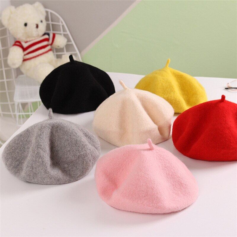 Baby Kids Girls Beret French Artist Warm Wool Winter Beanie Hat Retro Vintage Plain Beret Solid ...