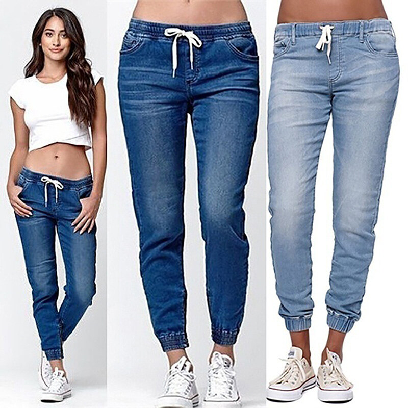 Women Casual Jogger Pants Drawstring Elastic Waisted Jeans Solid Ladies