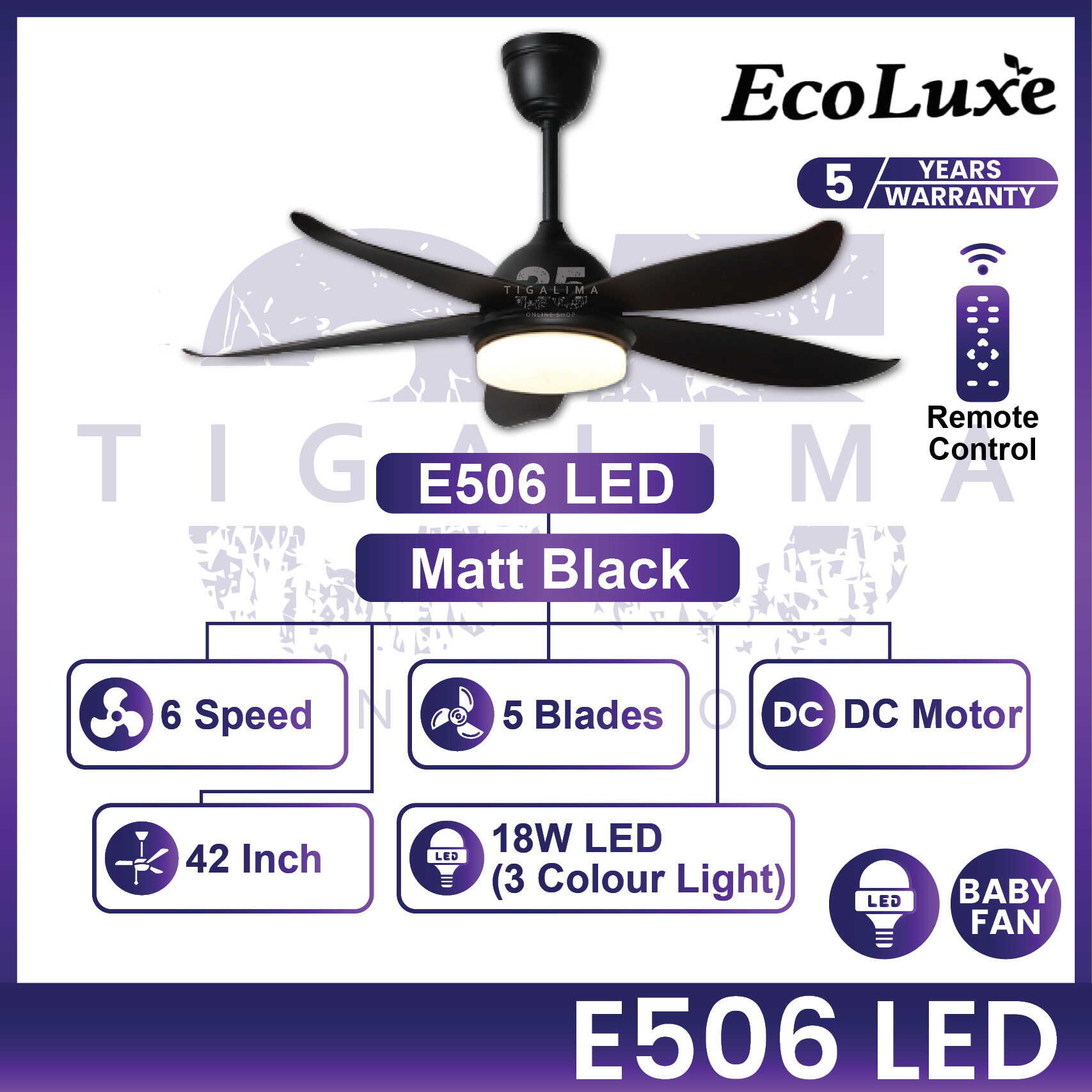 ECOLUXE Fan ECOLUXE E506 ECO-506 42 Inch 5 Blades 6 Speed DC Motor Remote Control Ceiling Fan ...