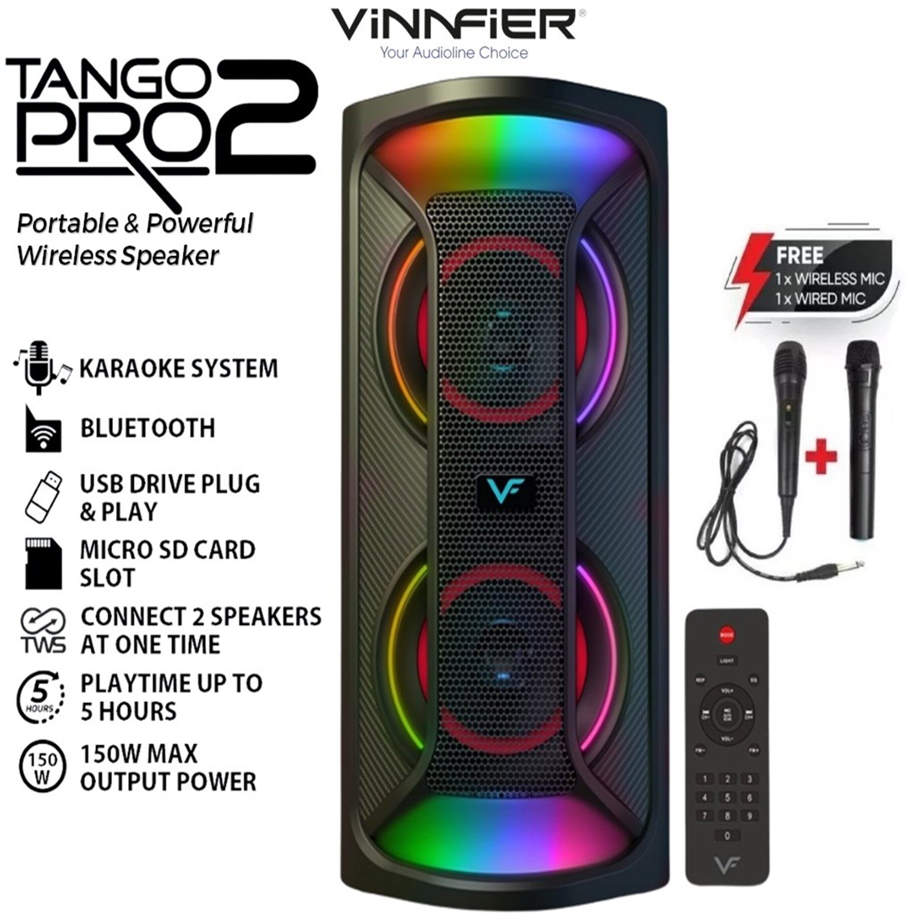 VINNFIER TANGO PRO 2 KARAOKE PORTABLE BLUETOOTH SPEAKER 150W MAX WITH 1 ...