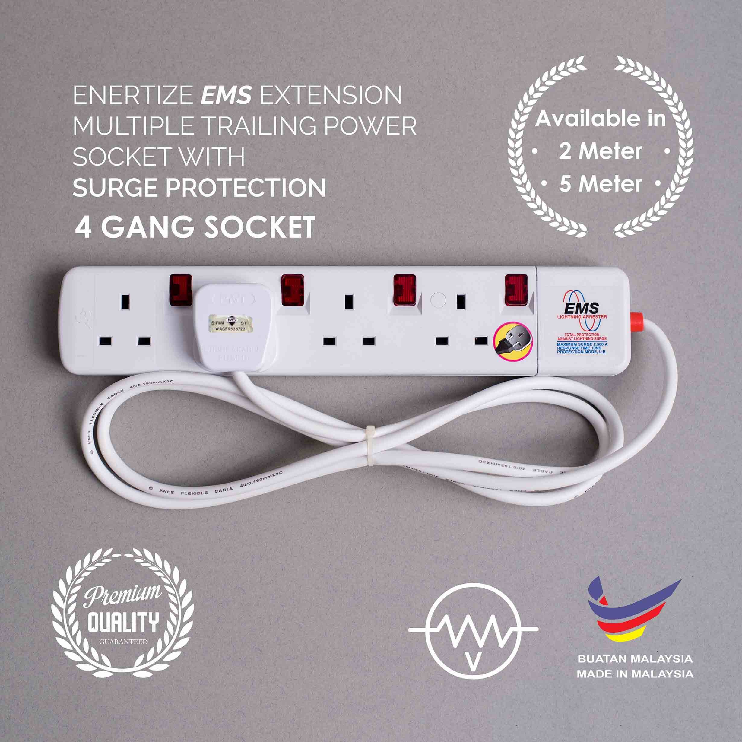 Enertize EMS 4 Gang Extension Multiple Power Socket Plug with Surge ...