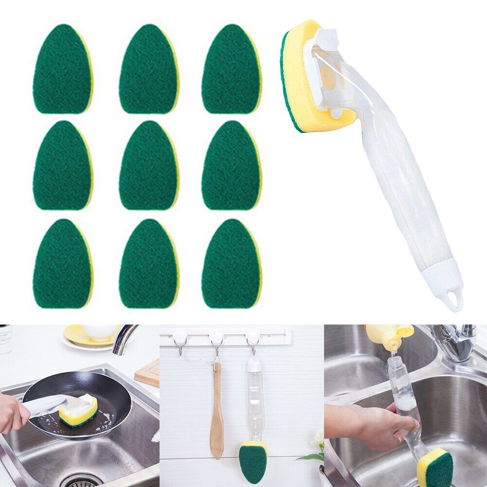 Soap Dispensing Dish Cleaning Brush Set with 1 Dish Washing Handle 9 ...
