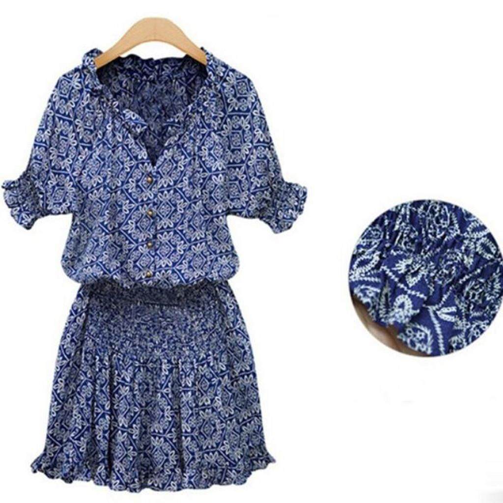Bohemian Floral Dress Female Women Summer Floral Print V Neckline