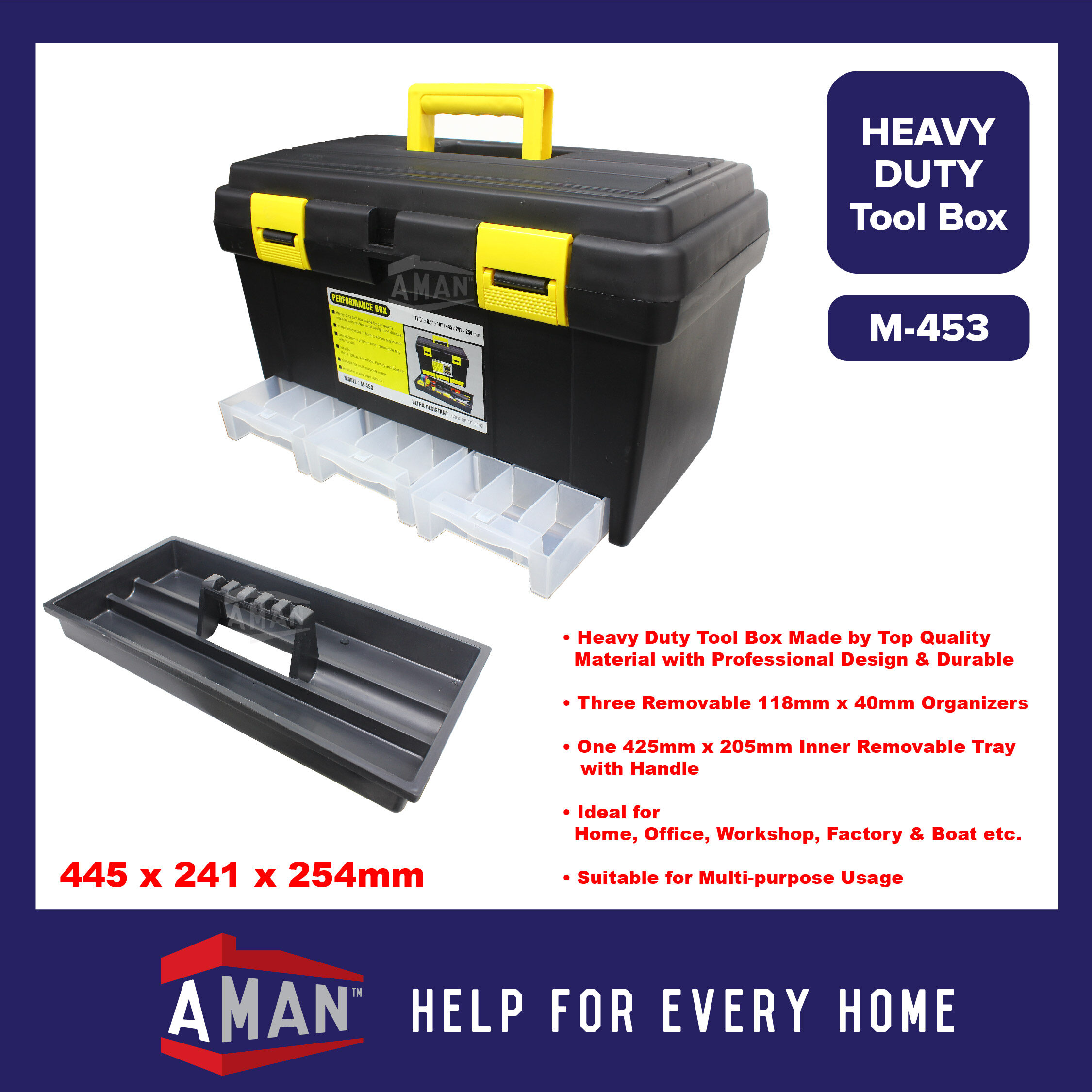 AMAN Heavy Duty Hard Plastic Multi Purpose Tool Box Toolbox Storage Box ...